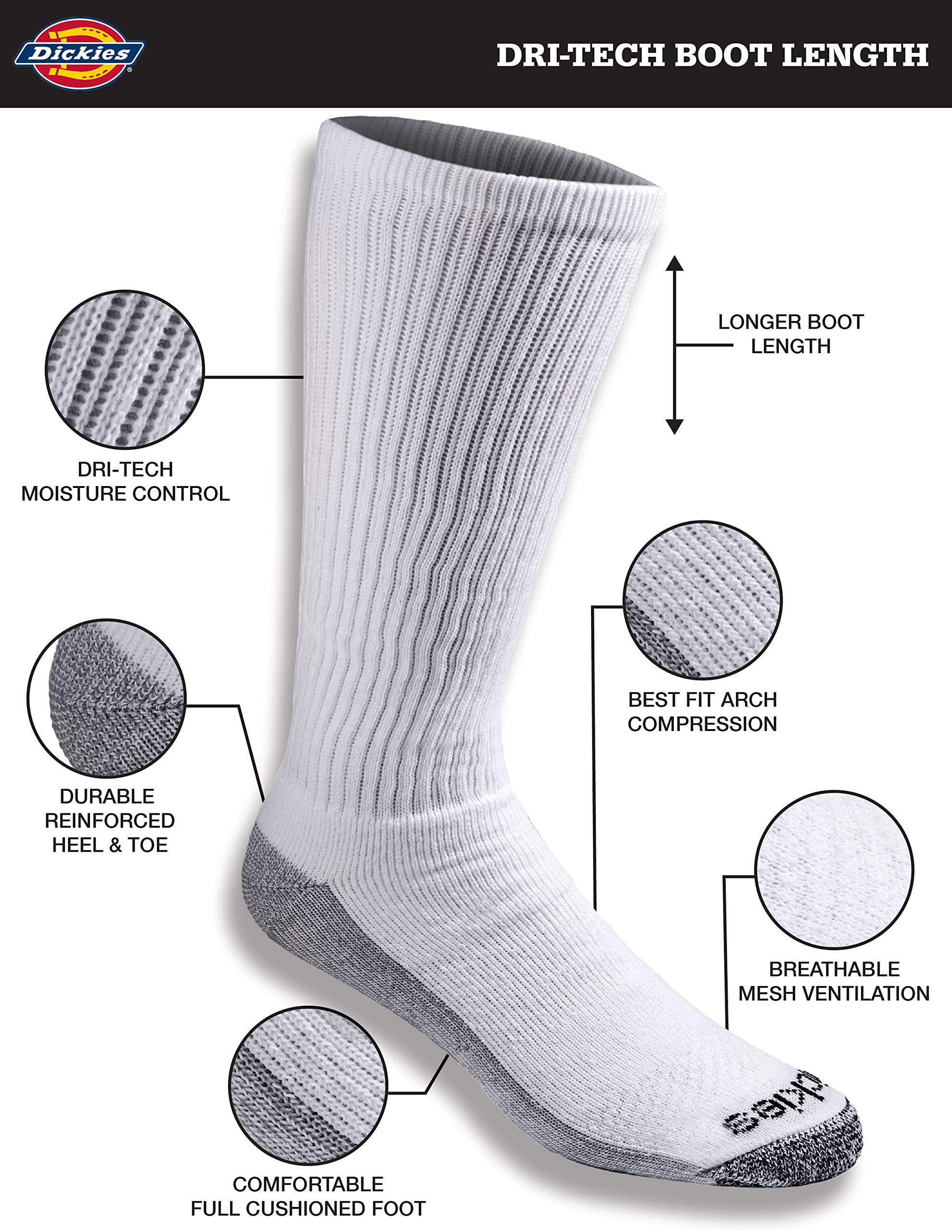 Dickies Men's Multi-Pack Dri-tech Moisture Control Boot-Length Socks, White (6 Pairs), Shoe Size: 6-12