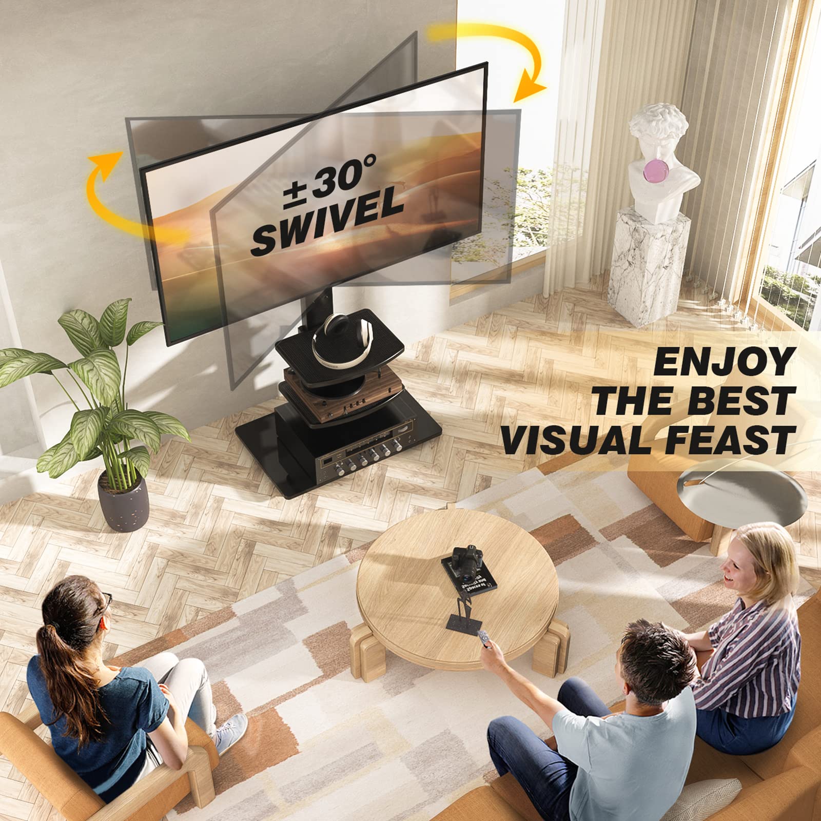 5Rcom Tall Swivel Floor TV Stand with 3 Shelves TV Stand Mount for Most 32 37 47 50 55 60 65 70 inch Plasma LCD LED OLED Flat Screen or Curved TVs, Tall Narrow Stand with Height Adjustable, Black