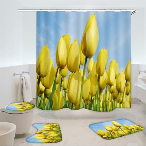 Tulip Shower Curtain Sets, Many Yellow Flowers Bath Curtains Polyester Fabric with Non-Slip Rugs, Toilet Lid Cover and U-Shape Mat for Bathroom Set 4 Pcs w/12 Hooks, 65"x72"