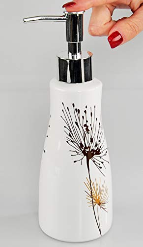 HOME-X Bathroom Accessory Set, 4-Piece Set with Soap Dish, Liquid Dispenser, Tumbler, and Toothbrush Holder, White with Flower Print