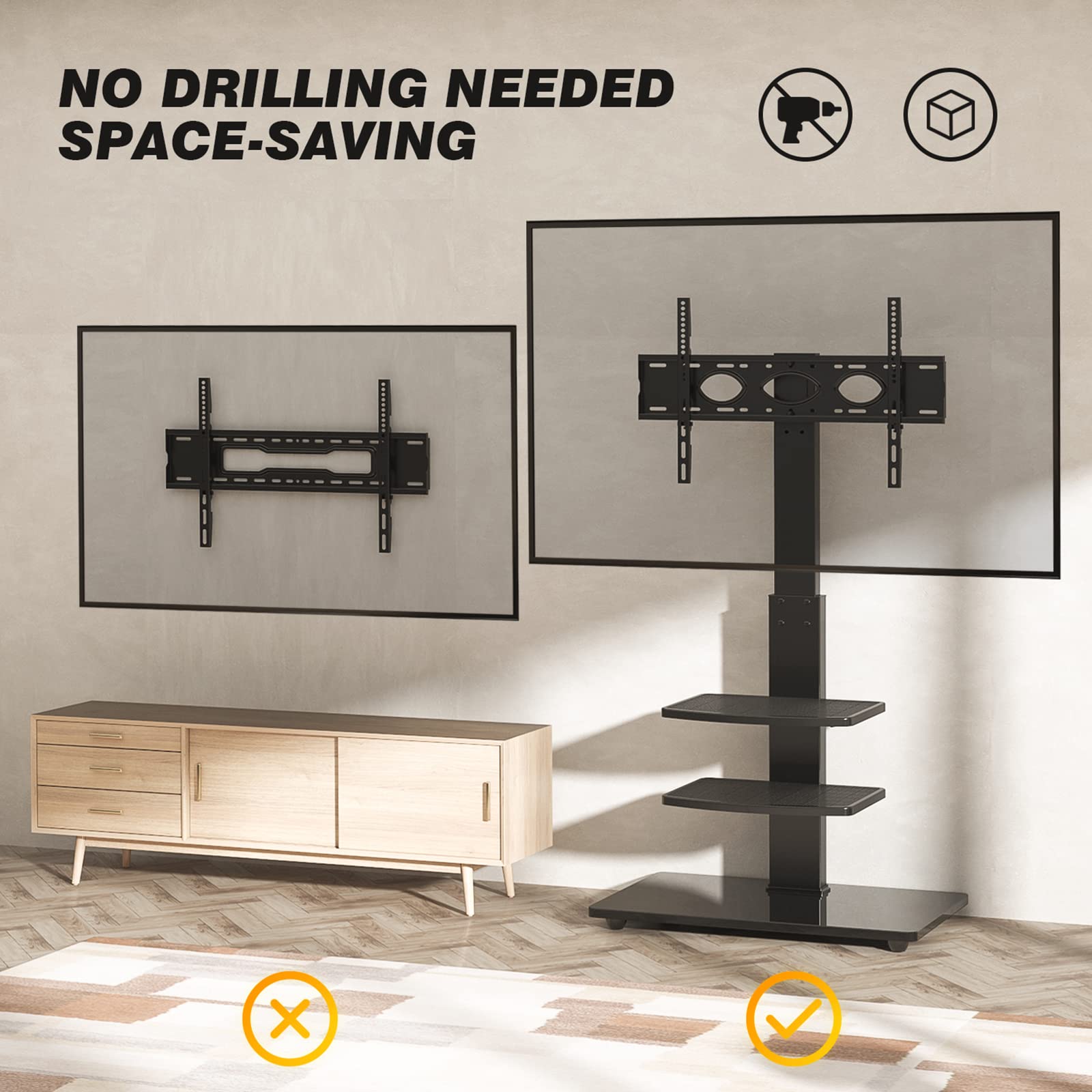 5Rcom Tall Swivel Floor TV Stand with 3 Shelves TV Stand Mount for Most 32 37 47 50 55 60 65 70 inch Plasma LCD LED OLED Flat Screen or Curved TVs, Tall Narrow Stand with Height Adjustable, Black