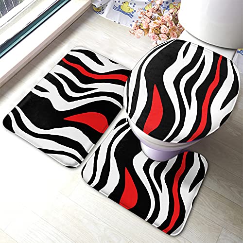 Wondertify Zebra Bathroom Antiskid Pad Animal Skin Tiger Stripes Black Red White Line 3 Pieces Bathroom Rugs Set, Bath Mat+Contour+Toilet Lid Cover Monochrome