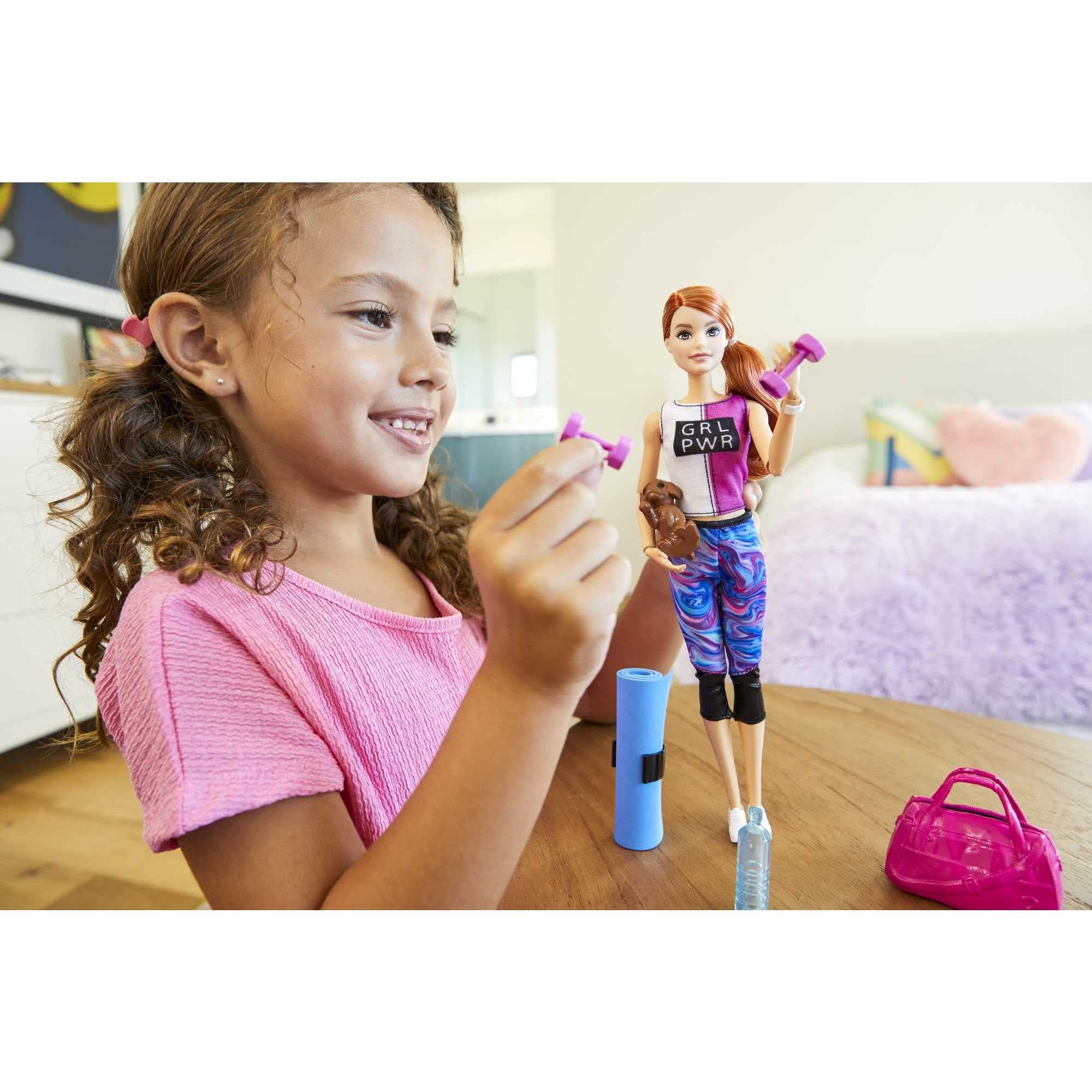 Barbie Doll, Red-Haired Fitness Doll with Puppy & 9 Accessories Including Yoga Mat with Strap, Hula Hoop, Weights & Bag