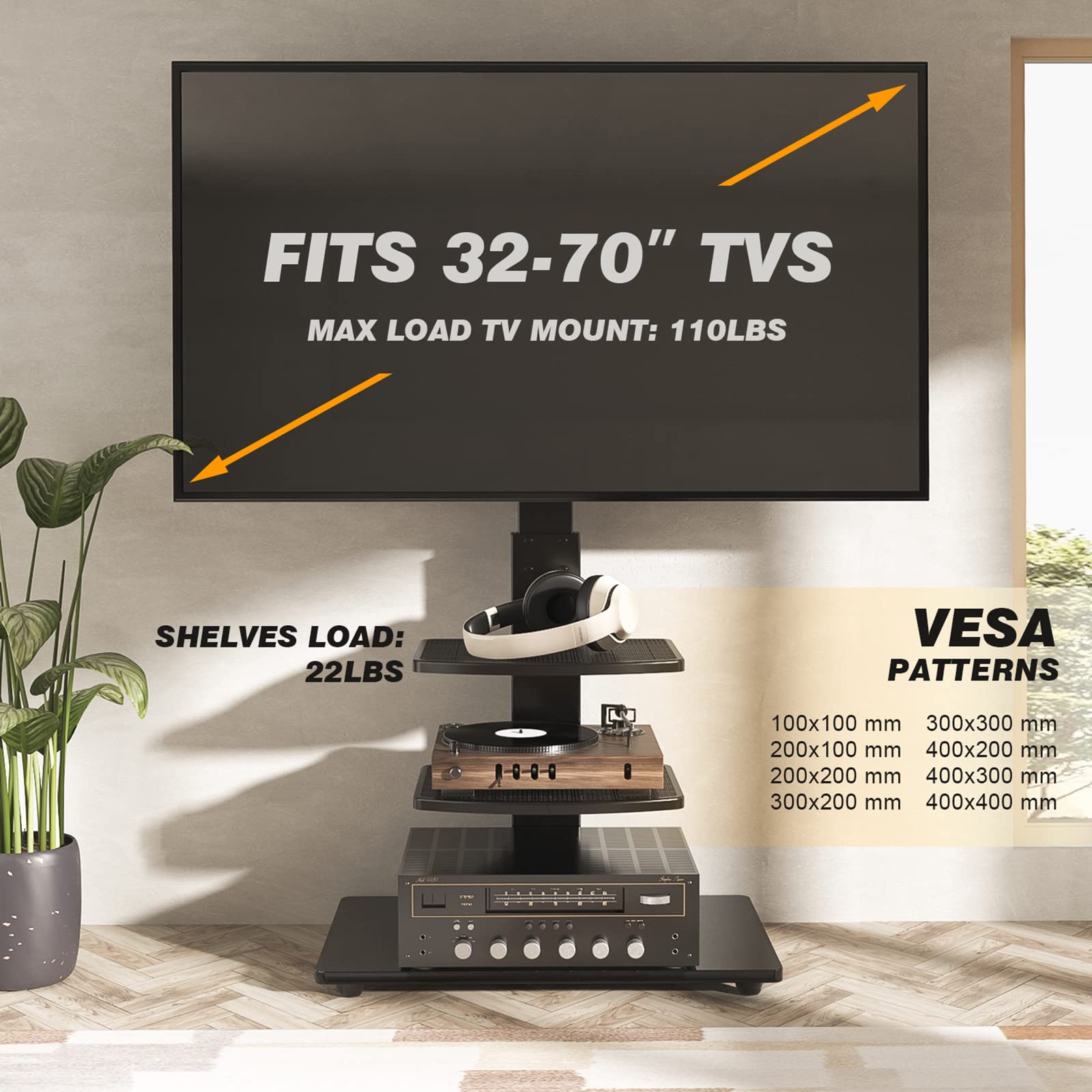 5Rcom Tall Swivel Floor TV Stand with 3 Shelves TV Stand Mount for Most 32 37 47 50 55 60 65 70 inch Plasma LCD LED OLED Flat Screen or Curved TVs, Tall Narrow Stand with Height Adjustable, Black