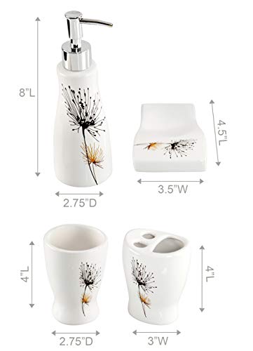 HOME-X Bathroom Accessory Set, 4-Piece Set with Soap Dish, Liquid Dispenser, Tumbler, and Toothbrush Holder, White with Flower Print
