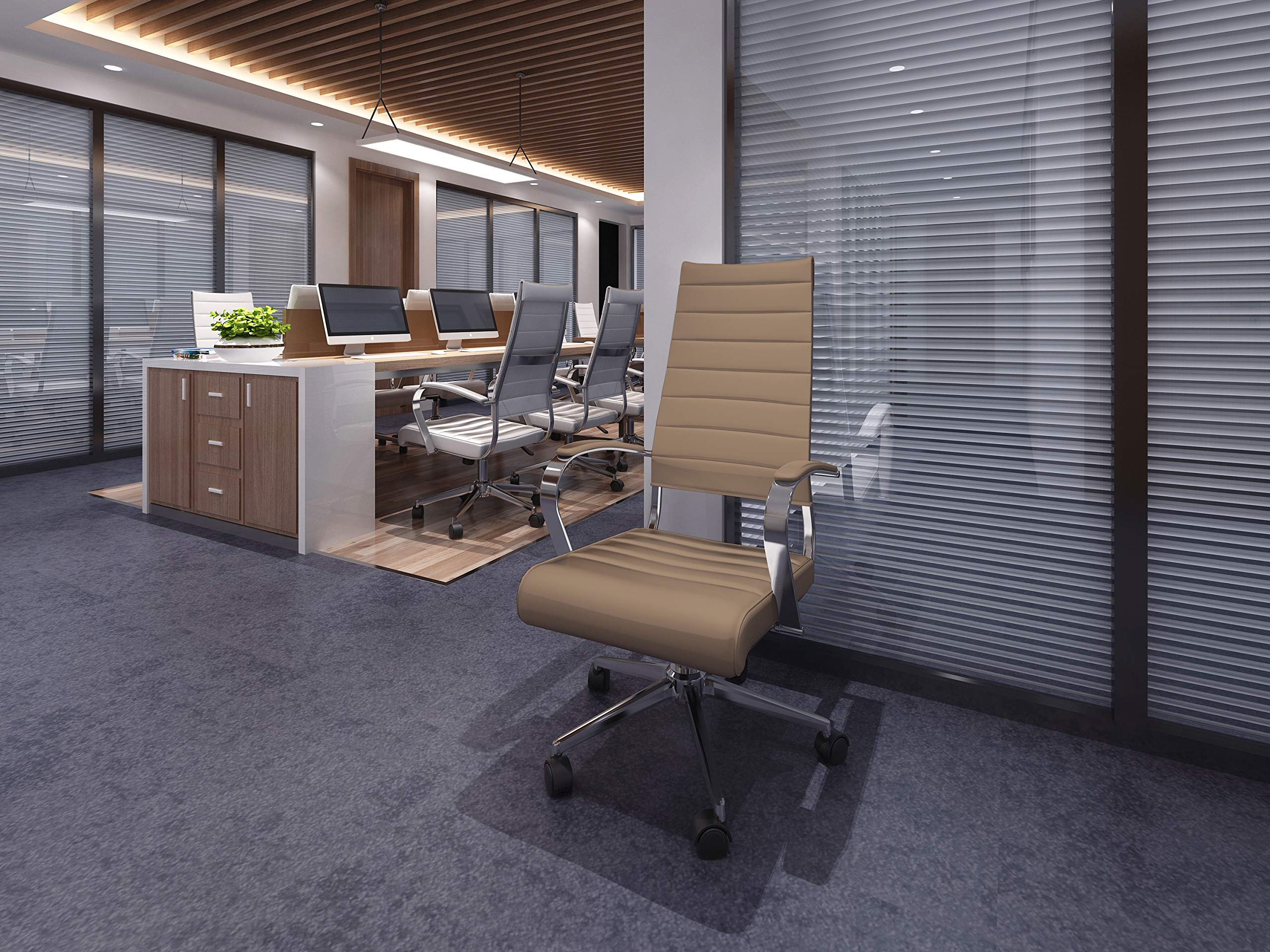 2xhome Contemporary Mid Century Modern High Back Tall Ribbed PU Leather Swivel Tilt Adjustable Chair with Back Swivel Wheels Designer Boss Executive Office Conference Room Work Task Tall Desk Tan