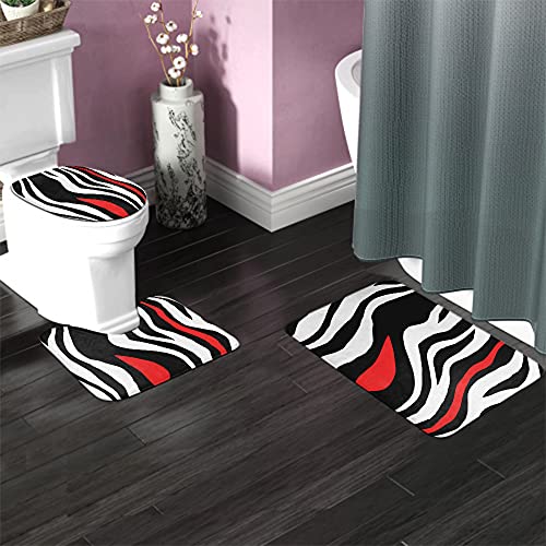 Wondertify Zebra Bathroom Antiskid Pad Animal Skin Tiger Stripes Black Red White Line 3 Pieces Bathroom Rugs Set, Bath Mat+Contour+Toilet Lid Cover Monochrome