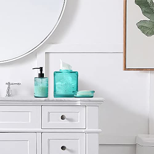 5PCs Teal Blue Glass Bathroom Accessories Set with Decorative Pressed Pattern - Includes Hand Soap Dispenser & Tumbler & Soap Dish & Toothbrush Holder & Tissue Box Holder (Teal Blue)