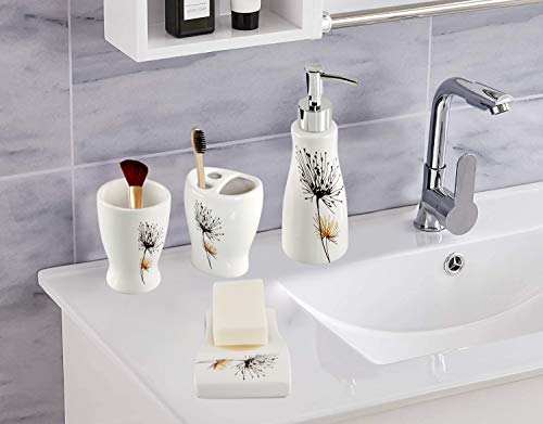 HOME-X Bathroom Accessory Set, 4-Piece Set with Soap Dish, Liquid Dispenser, Tumbler, and Toothbrush Holder, White with Flower Print