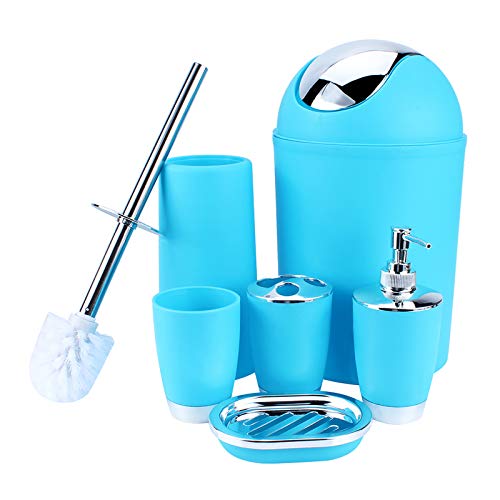 Bathroom Set Blue Bathroom Accessories Set 6 Pcs Plastic Bathroom Sets with Toothbrush Cup Toothbrush and Toothpaste Holder Soap Lotion Dispenser Rubbish Bin Toilet Brush with Holder Blue