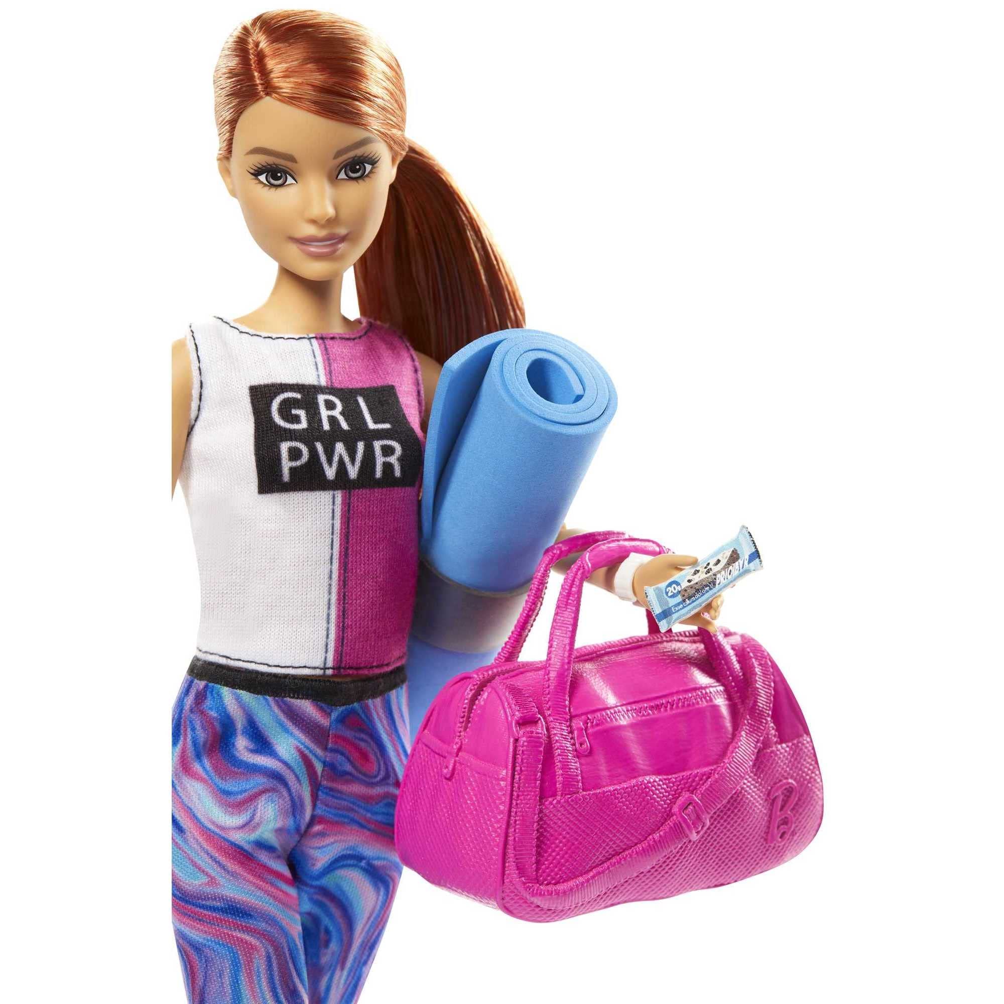 Barbie Doll, Red-Haired Fitness Doll with Puppy & 9 Accessories Including Yoga Mat with Strap, Hula Hoop, Weights & Bag