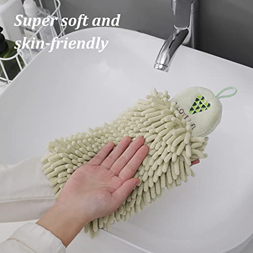 4 Pack Chenille Hand Towel with Hanging Loops, Soft Absorbent Microfiber Embroidery Hanging Hand Towels Plush Quick-Drying Chenille Ball Hand Towels for Bathroom Kitchen (Light Green + Beige)