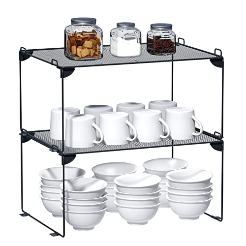 Neudeco Stackable Cabinet Shelf Organizer - 2 Pack Metal Mesh Stacking Shelves for Kitchen, Closet, Bathroom, Countertop and Cabinet -Gray