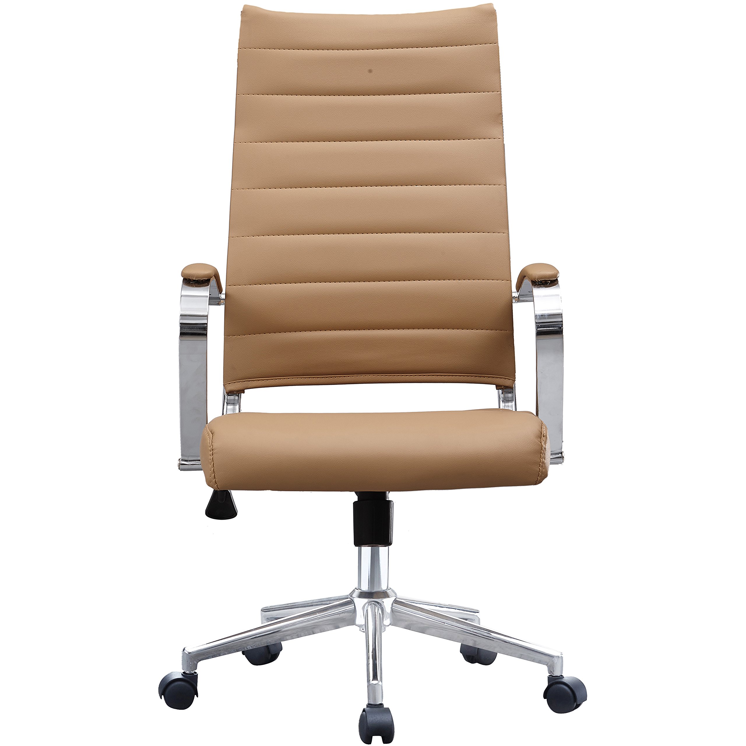 2xhome Contemporary Mid Century Modern High Back Tall Ribbed PU Leather Swivel Tilt Adjustable Chair with Back Swivel Wheels Designer Boss Executive Office Conference Room Work Task Tall Desk Tan