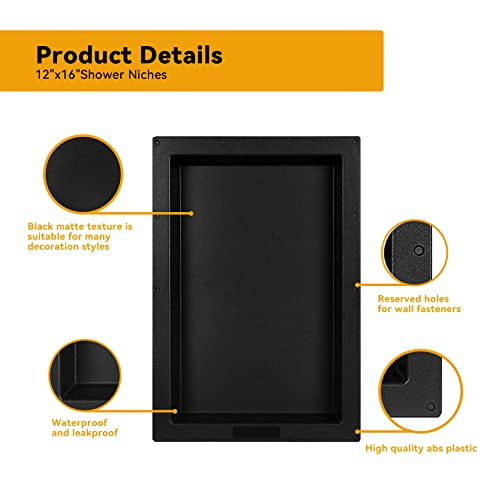 CKB Shower Niche Insert Storage Shelf, 12โ x16โ, Single Niche Black.