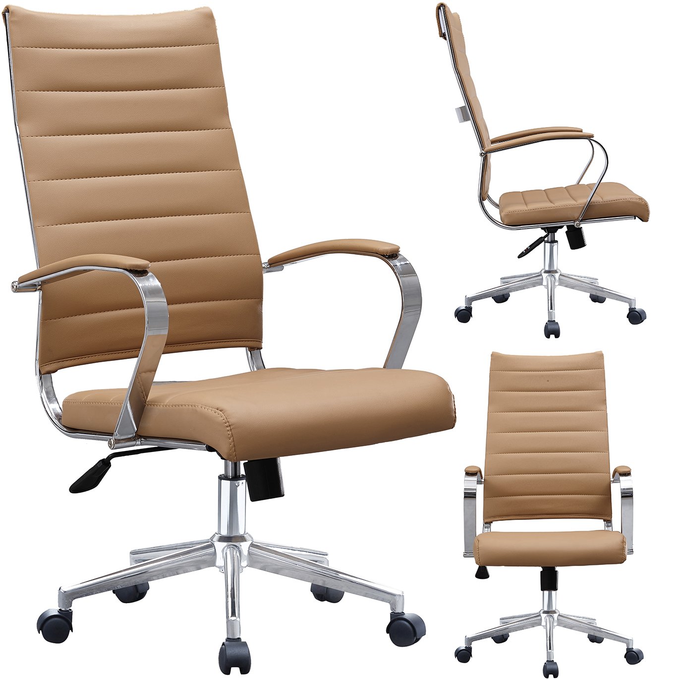 2xhome Contemporary Mid Century Modern High Back Tall Ribbed PU Leather Swivel Tilt Adjustable Chair with Back Swivel Wheels Designer Boss Executive Office Conference Room Work Task Tall Desk Tan