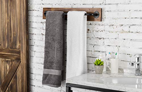 MyGift Rustic Burnt Wood Bathroom Towel Bar with Metal Rod, Wall Mounted Bath Towel Rack