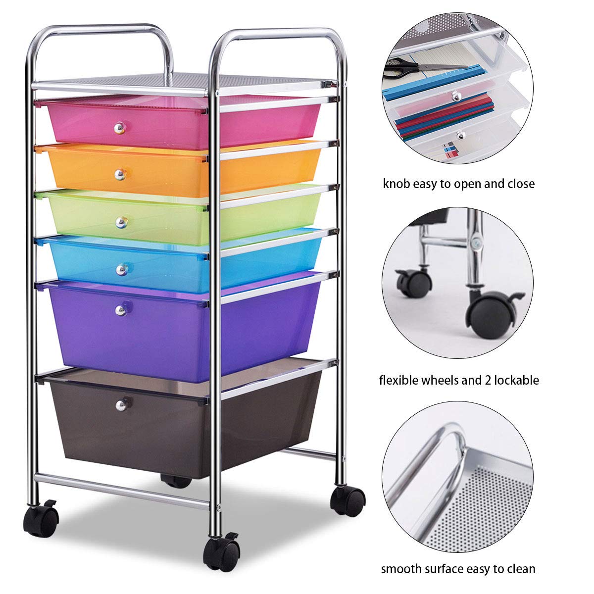 Happygrill 6-Drawer Organizer Cart Tools, Mobile Utility Storage Cart with Removable Drawers & Lockable Wheels, Rolling Storage Cart with Wheels for Home Office