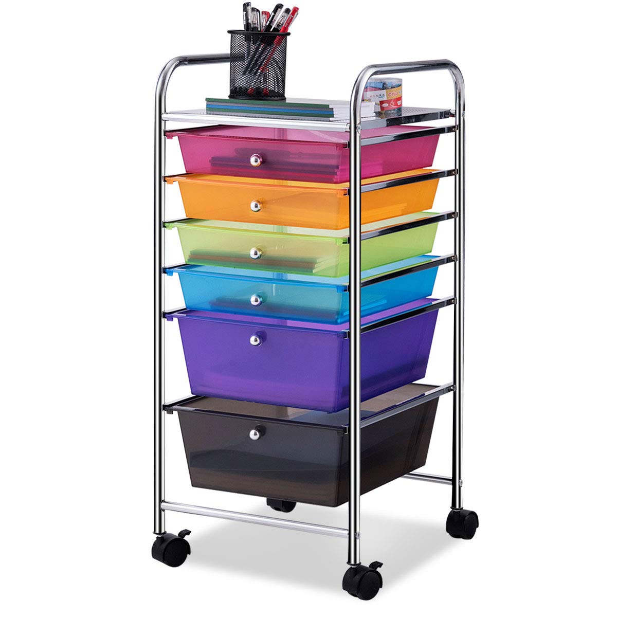 Happygrill 6-Drawer Organizer Cart Tools, Mobile Utility Storage Cart with Removable Drawers & Lockable Wheels, Rolling Storage Cart with Wheels for Home Office