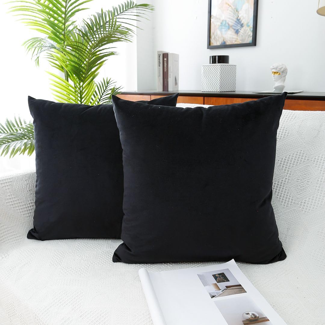 MoonRest - Pack of 2, Velvet Decorative Pillow Cover Set, Cozy Soft with Hidden Zipper Solid Color for Sofa Bedroom Car Couch Throw Pillow 12 x 20 Cool Black
