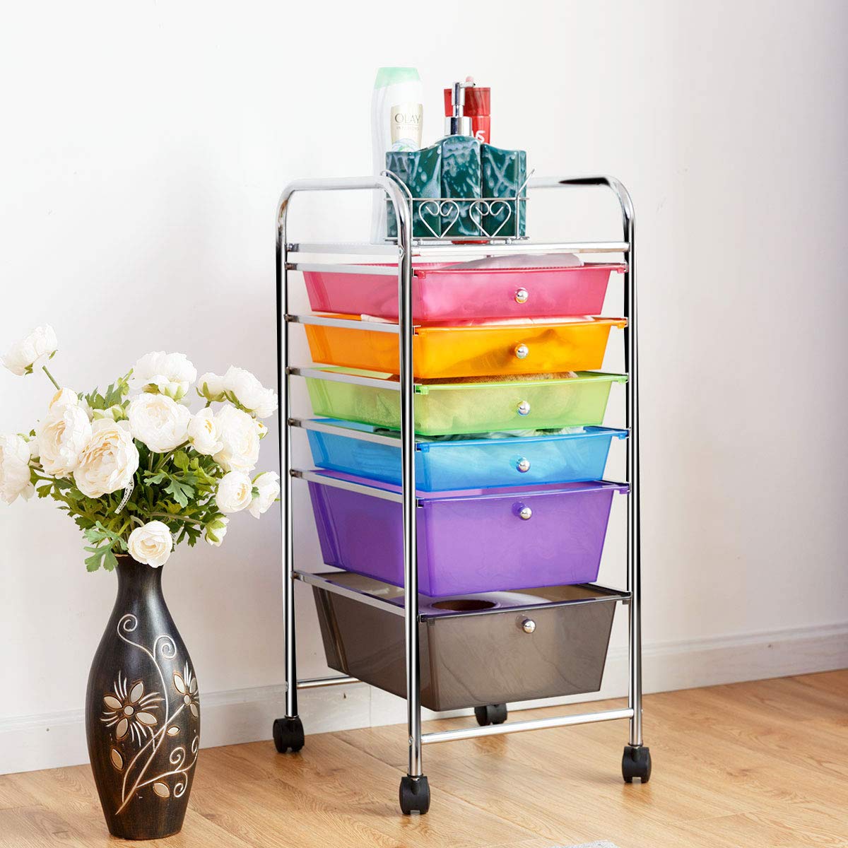 Happygrill 6-Drawer Organizer Cart Tools, Mobile Utility Storage Cart with Removable Drawers & Lockable Wheels, Rolling Storage Cart with Wheels for Home Office