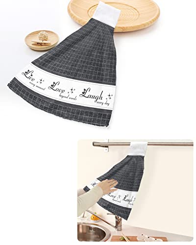 2 Pack Hanging Kitchen Hand Towels, Live Love Laugh Grey Hand Tie Towels with Hanging Loop, Gray Checkered Wall Art Modern Soft Absorbent Towels Set for Bathroom and Kitchen