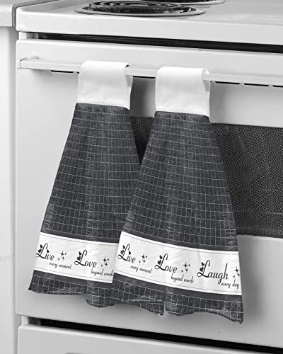 2 Pack Hanging Kitchen Hand Towels, Live Love Laugh Grey Hand Tie Towels with Hanging Loop, Gray Checkered Wall Art Modern Soft Absorbent Towels Set for Bathroom and Kitchen