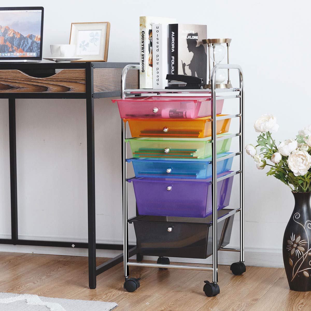 Happygrill 6-Drawer Organizer Cart Tools, Mobile Utility Storage Cart with Removable Drawers & Lockable Wheels, Rolling Storage Cart with Wheels for Home Office