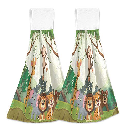 Alaza Animal Jungle Monkey Tiger Giraffe Lion Elephant Kitchen Towels Tea Towels Dish Towels with Hanging Loop 2 Pack