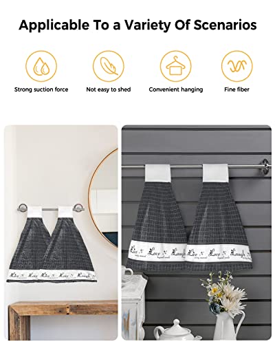 2 Pack Hanging Kitchen Hand Towels, Live Love Laugh Grey Hand Tie Towels with Hanging Loop, Gray Checkered Wall Art Modern Soft Absorbent Towels Set for Bathroom and Kitchen