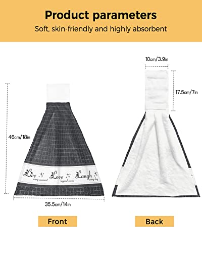 2 Pack Hanging Kitchen Hand Towels, Live Love Laugh Grey Hand Tie Towels with Hanging Loop, Gray Checkered Wall Art Modern Soft Absorbent Towels Set for Bathroom and Kitchen