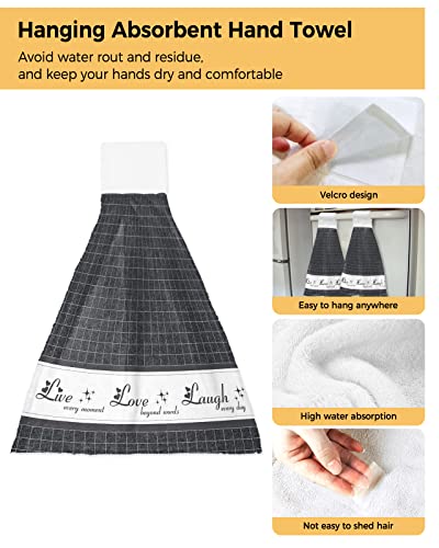 2 Pack Hanging Kitchen Hand Towels, Live Love Laugh Grey Hand Tie Towels with Hanging Loop, Gray Checkered Wall Art Modern Soft Absorbent Towels Set for Bathroom and Kitchen