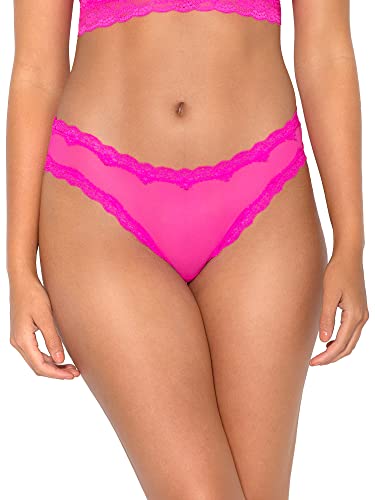 Smart & Sexy Women's Lace Trim & Mesh Panty 2 Packs Sexy Thongs & Cheeky Bikinis, Electric Pink/Black Hue, 7