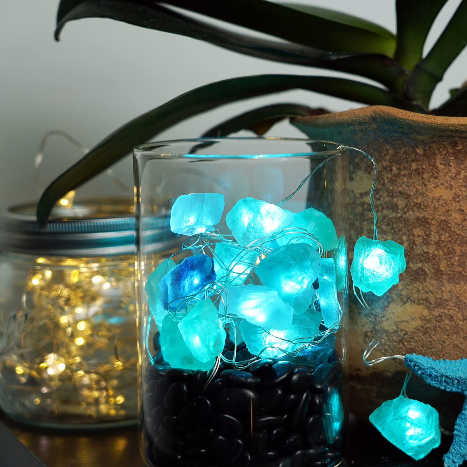 BOHON Natural Fluorite String Lights Battery Operated with Remote Sea Glass Raw Stones Decorative Lights 6.5ft 20 LEDs String Lights for Bedroom Party Indoor Christmas Wedding Decor