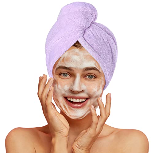 Sackei Hair Drying Towel Microfiber Hair Towel Wrap with Solid Button, 9.5 inch X 26 inch Supersoft NO Dripping Hair Turban for Wet Hair Drying Hair Anti Frizz for Kids and Women (1Pcs Purple)