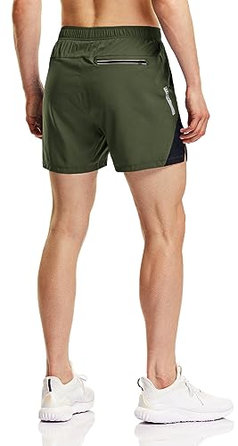 ATHLIO Men's Active Running Shorts, Exercise Workout Shorts, Quick Dry Mesh Sports Athletic Shorts with Pockets, 5 Inches Black/Green, Medium
