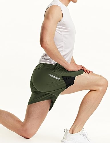 ATHLIO Men's Active Running Shorts, Exercise Workout Shorts, Quick Dry Mesh Sports Athletic Shorts with Pockets, 5 Inches Black/Green, Medium