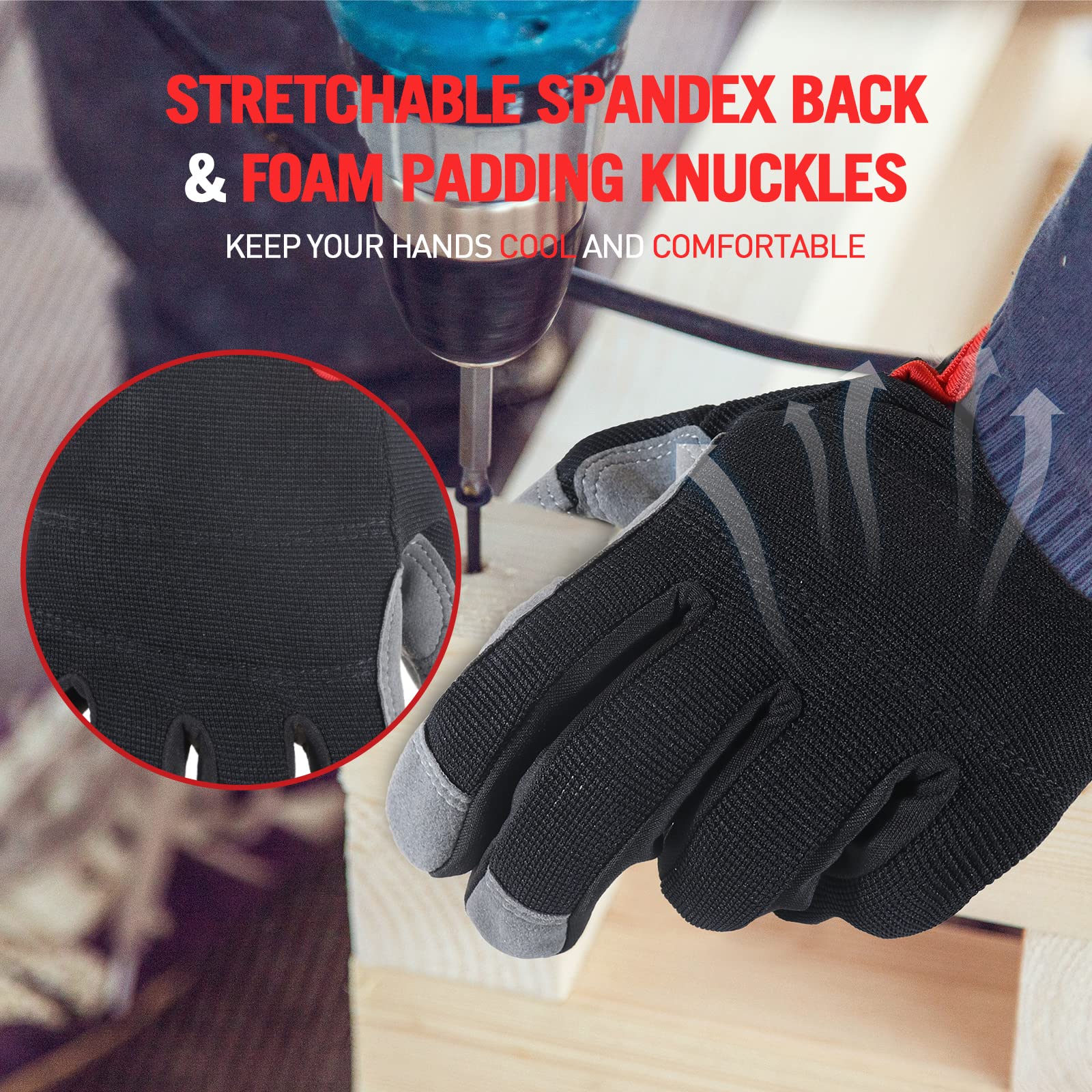 HANDLANDY Mens Work Gloves Touch Screen, Synthetic Leather Utility Gloves, Flexible Breathable Fit- Padded Knuckles & Palm (Large, Black)