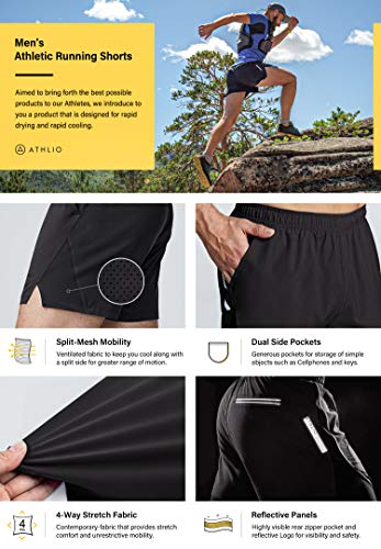 ATHLIO Men's Active Running Shorts, Exercise Workout Shorts, Quick Dry Mesh Sports Athletic Shorts with Pockets, 5 Inches Black/Green, Medium