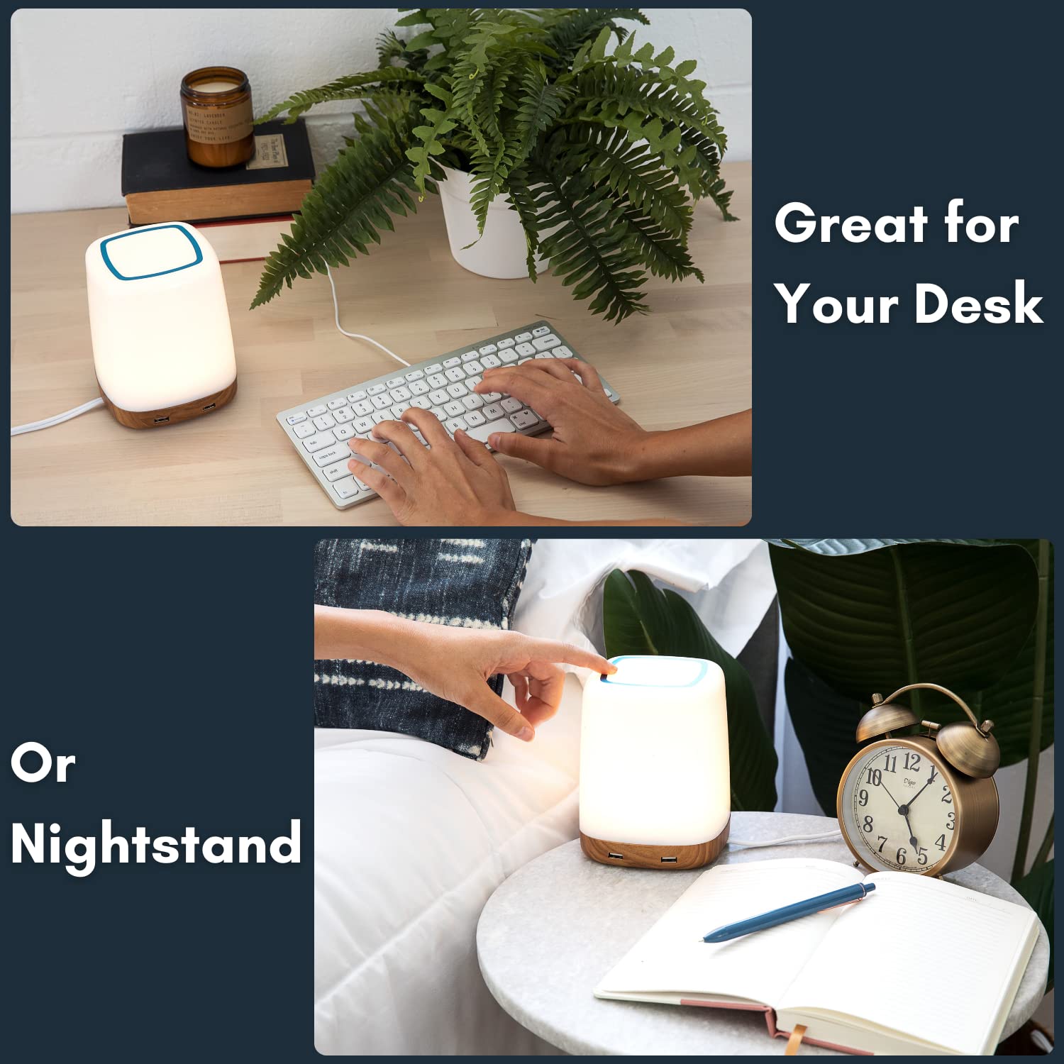Macally LED Table Lamp with USB Port (4 Fast Charge Ports) - 3 Level Brightness Touch Sensor Control - Small Bedside Lamp with USB Port & (2700K) Warm White - LED Desk Lamp with USB Charging Port