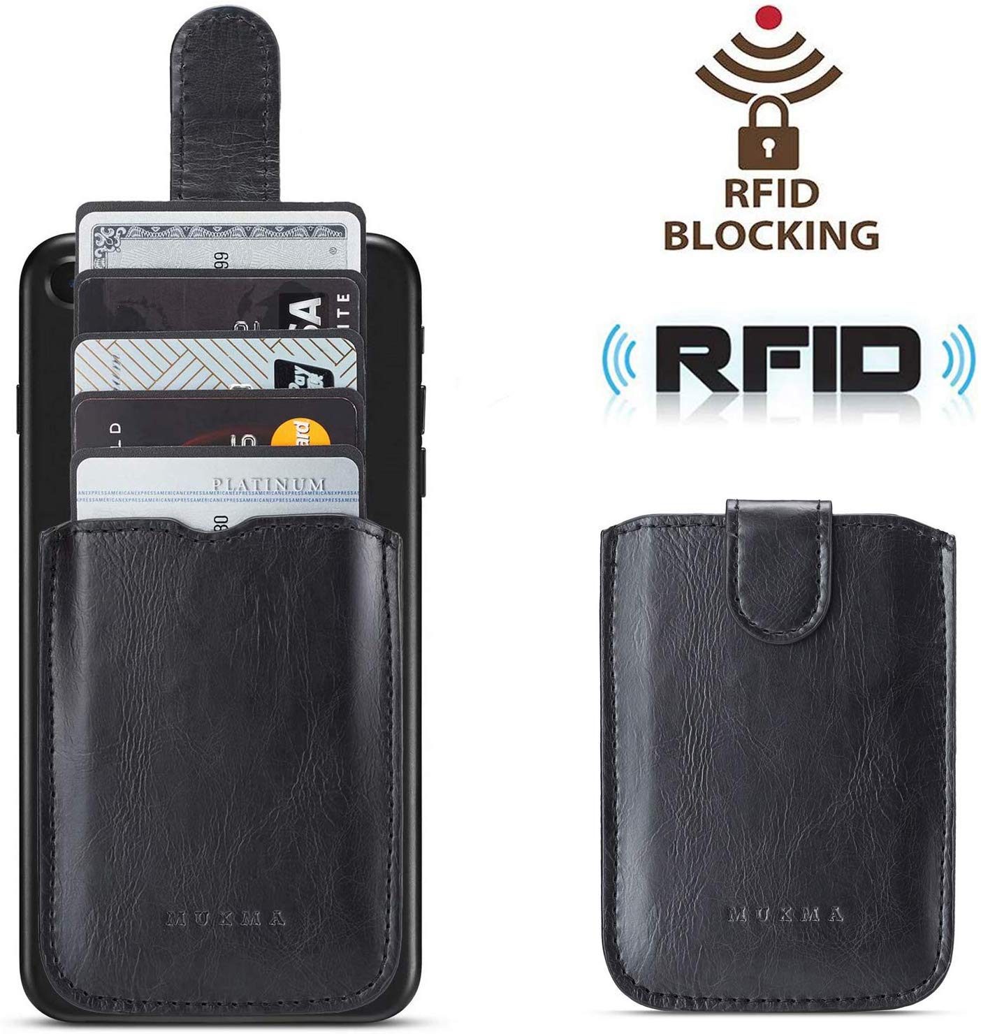 MUMUGUO Card Holder for Back of Phone,Pu Leather RFID Blocking 5 Pull Credit Card Cash Cell Phone Wallet Pocket Stick on Back iPhone