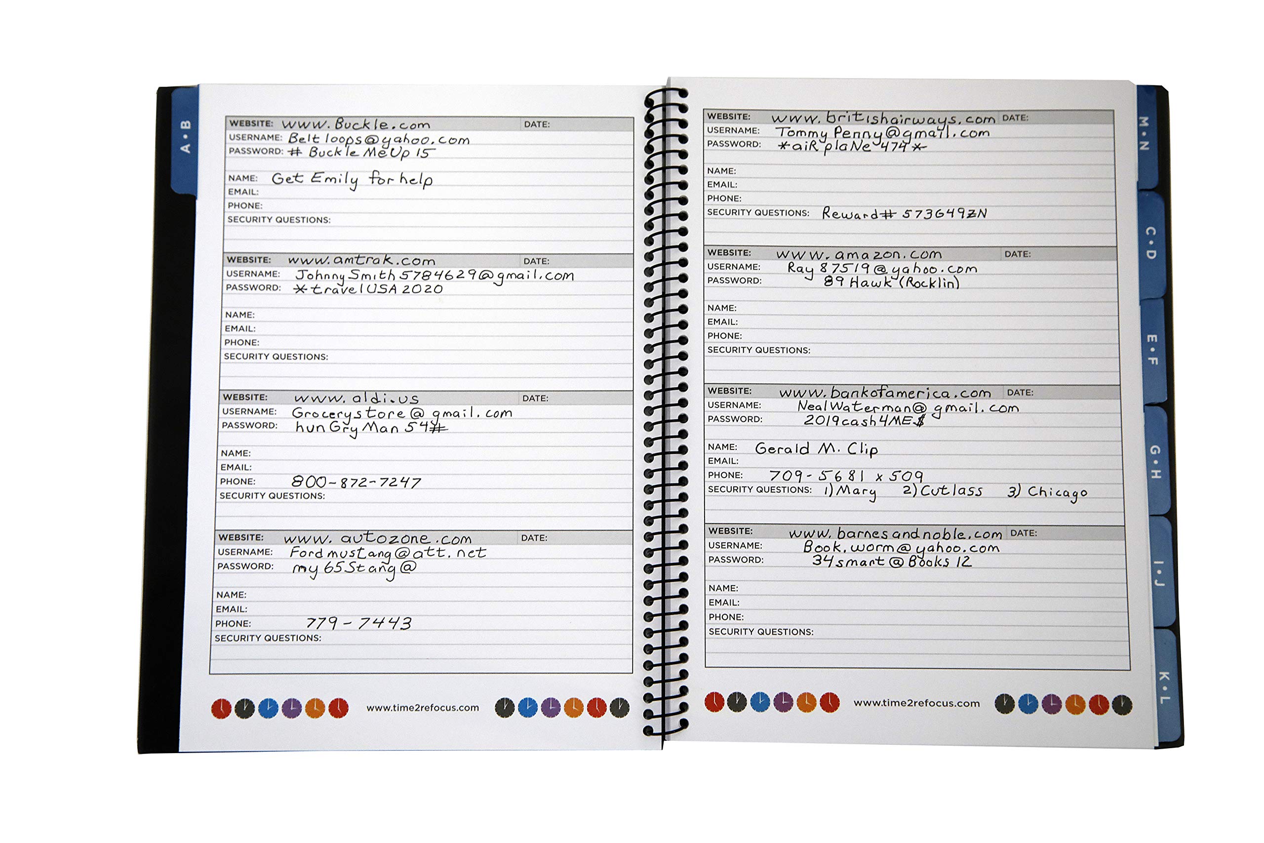 RE-FOCUS Password Book with Alphabetical Tabs 10"x7.5" Spiral Bound Credentials keeper Saves All Internet Login Details (Black)