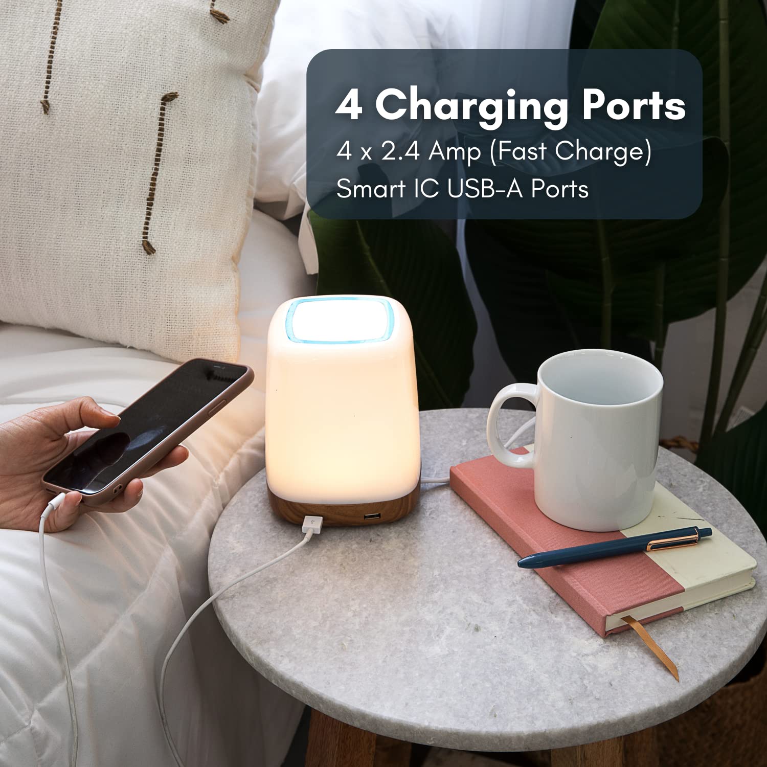 Macally LED Table Lamp with USB Port (4 Fast Charge Ports) - 3 Level Brightness Touch Sensor Control - Small Bedside Lamp with USB Port & (2700K) Warm White - LED Desk Lamp with USB Charging Port