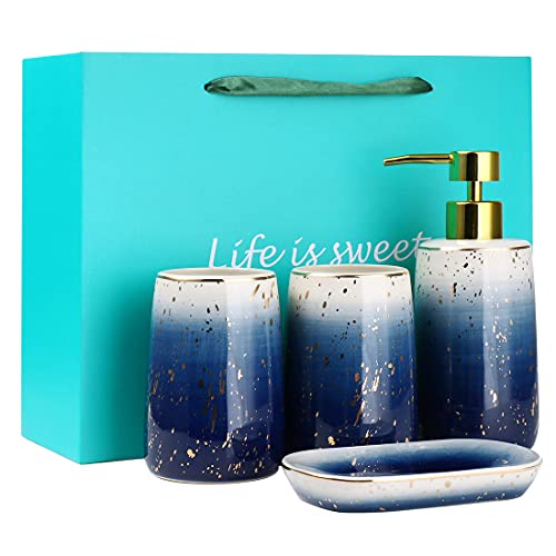 Bathroom Accessories Set, 4 Pcs Marble Pattern Bathroom Sets Accessories with Soap Dispenser, Toothbrush Holder, Bathroom Tumbler, Soap Dish for Birthday Gift, Housewarming Gift, Home Decoration (H)