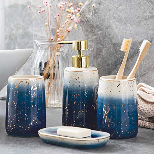 Bathroom Accessories Set, 4 Pcs Marble Pattern Bathroom Sets Accessories with Soap Dispenser, Toothbrush Holder, Bathroom Tumbler, Soap Dish for Birthday Gift, Housewarming Gift, Home Decoration (H)