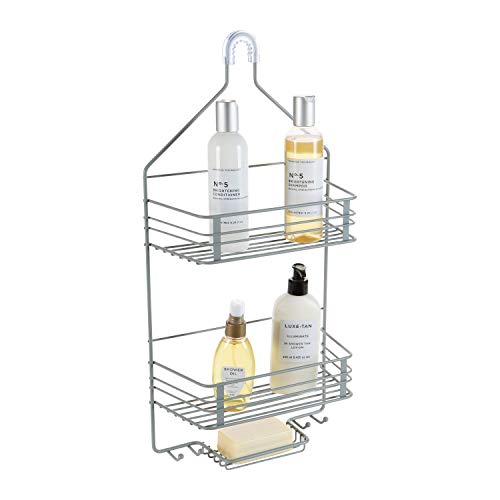 Bath Bliss 2 Tier Linear Hanging Shower Caddy | Bathroom Storage & Organization | Shower Head Hang | Holds Large Bottles | Soap Dish | Accessory Hooks | Grey