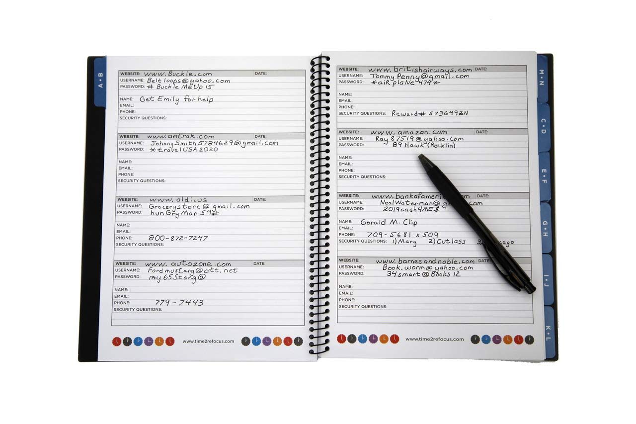 RE-FOCUS Password Book with Alphabetical Tabs 10"x7.5" Spiral Bound Credentials keeper Saves All Internet Login Details (Black)
