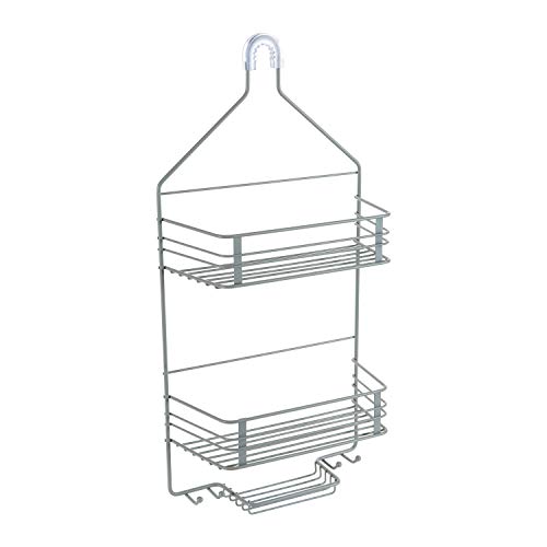 Bath Bliss 2 Tier Linear Hanging Shower Caddy | Bathroom Storage & Organization | Shower Head Hang | Holds Large Bottles | Soap Dish | Accessory Hooks | Grey