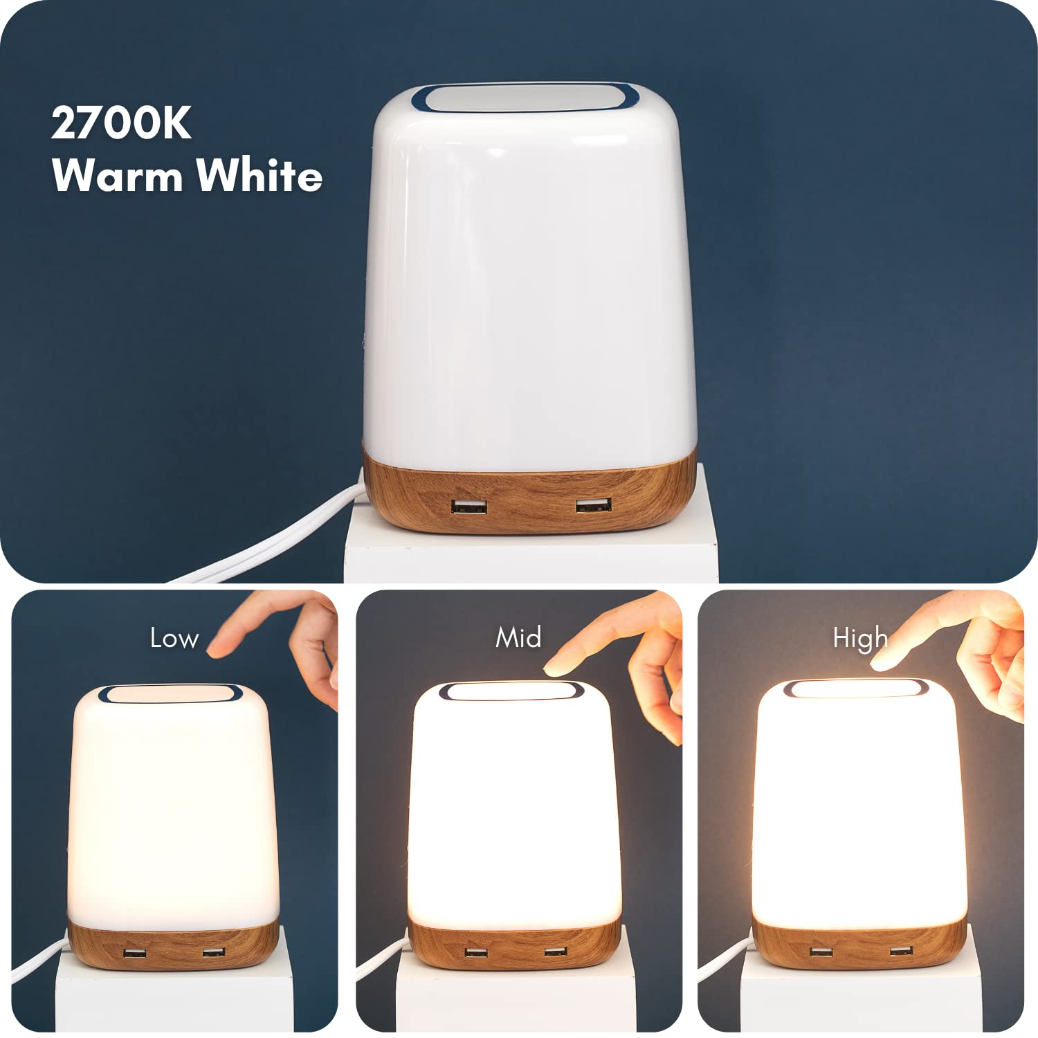 Macally LED Table Lamp with USB Port (4 Fast Charge Ports) - 3 Level Brightness Touch Sensor Control - Small Bedside Lamp with USB Port & (2700K) Warm White - LED Desk Lamp with USB Charging Port