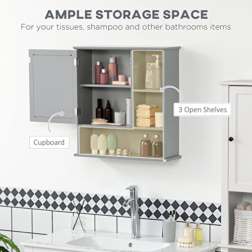 kleankin Bathroom Medicine Cabinet with Mirror, Wall-Mounted Bathroom Cabinet with Adjustable Shelf for Living Room and Laundry Room, Gray